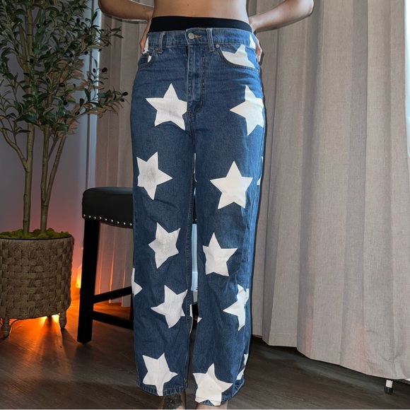 Jeans | Star Pattern Blue And White Straight Leg Jeans | Poshmark